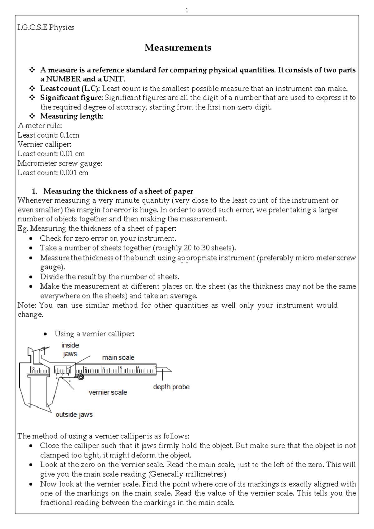 I.G.C.S.E. Physics Measurement Notes: Understanding Key Concepts - Studocu