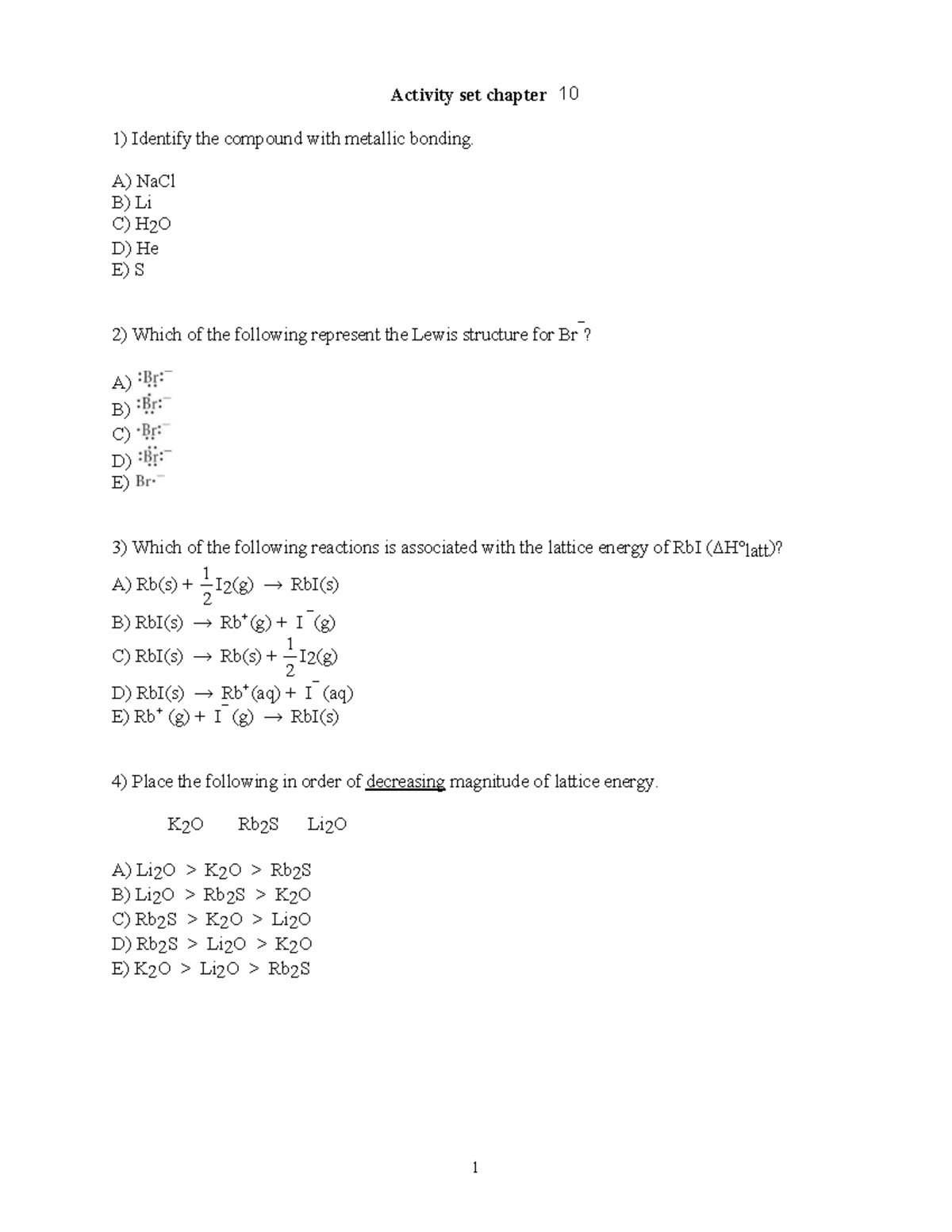 Activity Set Chapter 9-10: Metallic Bonding & Lewis Structures - Studocu