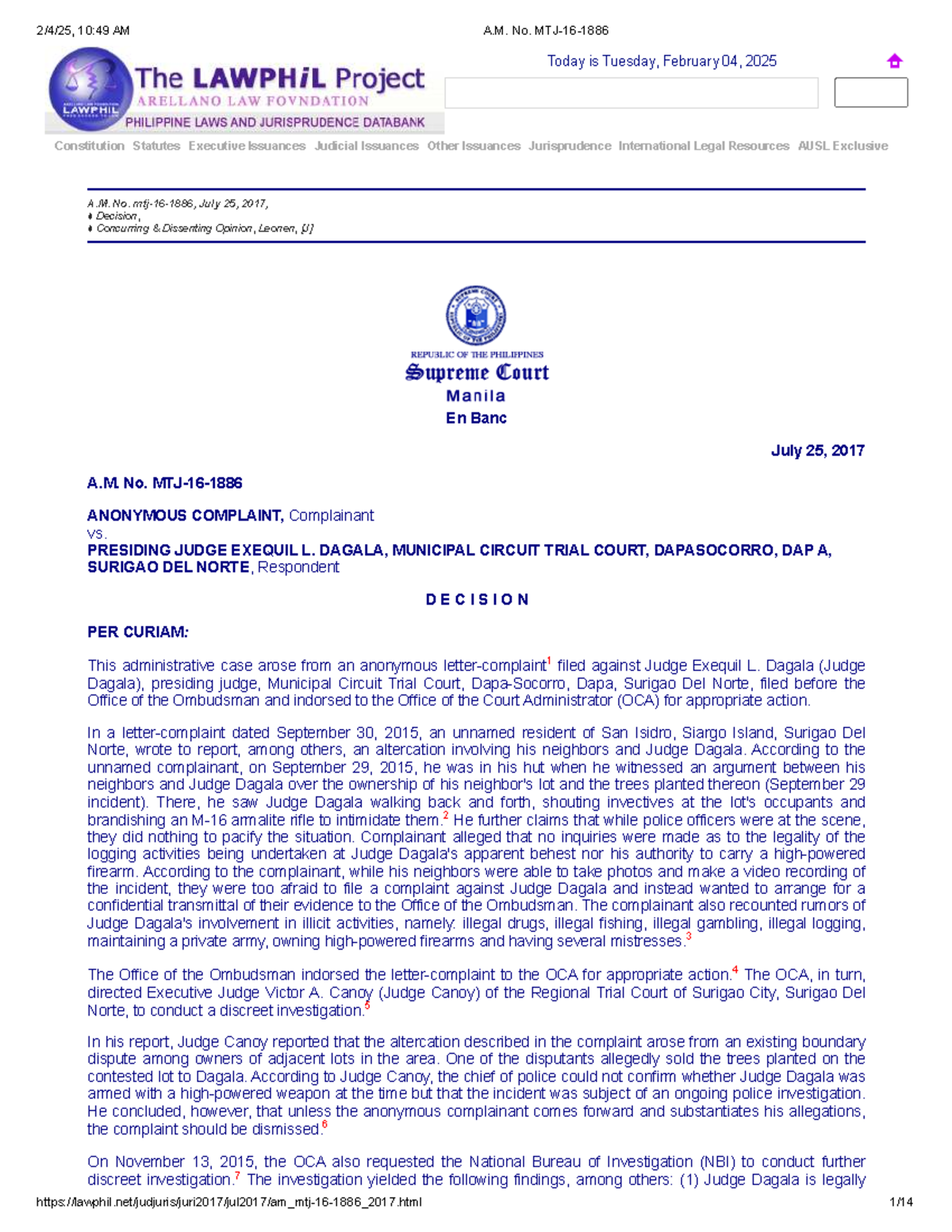 Anonymous Complaint vs. Judge Dagala: A.M. No. MTJ-16-1886 Findings ...