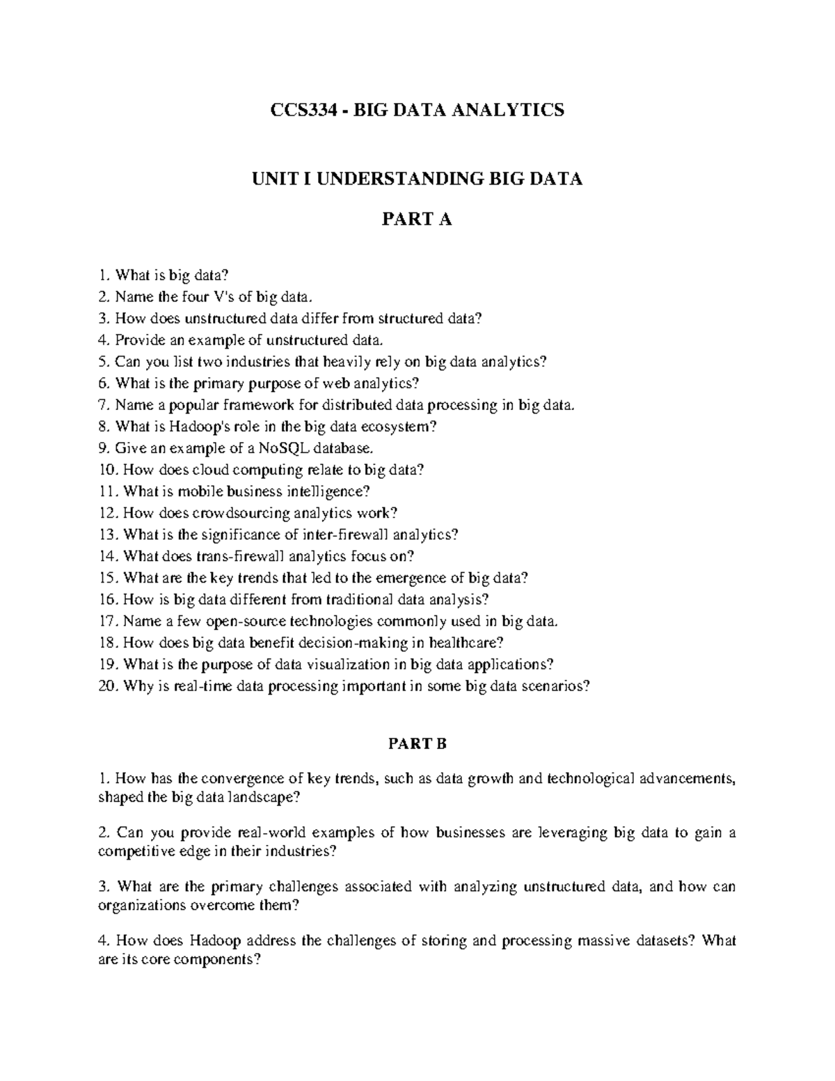 CCS334 - Big Data Analytics Question Bank and Study Guide - Studocu