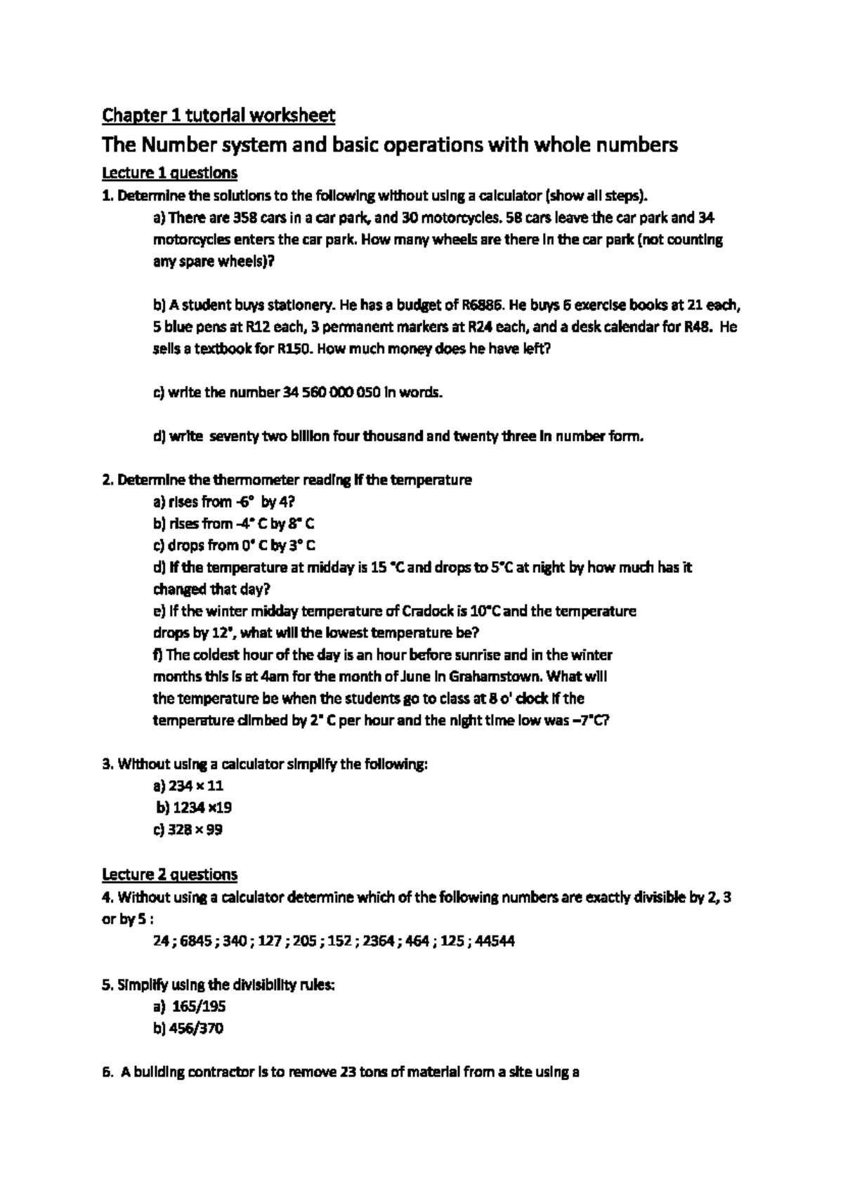 Chapter 1 Tutorial Worksheet: The Number System & Basic Operations ...