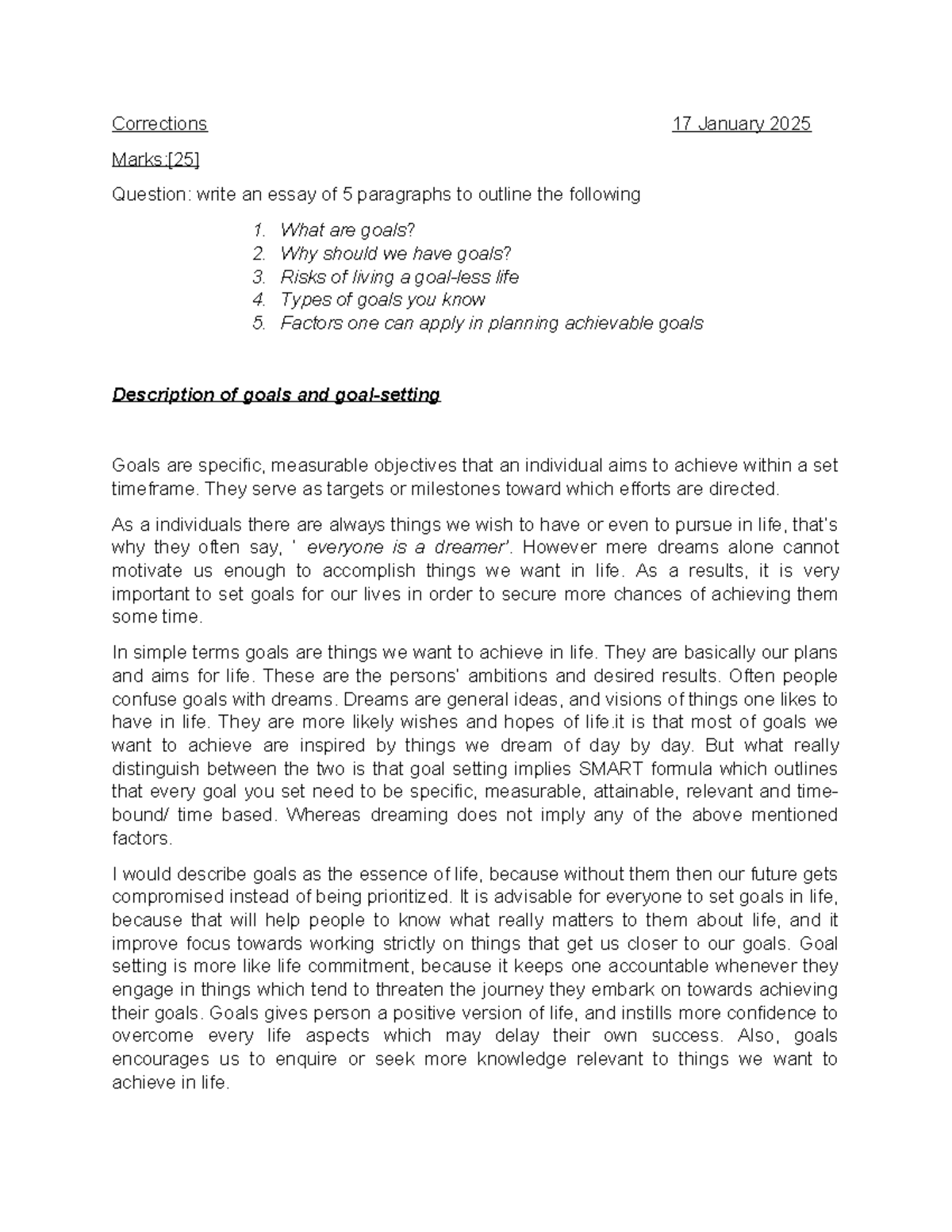 WEEK 1 TERM ONE WORK( GOALS AND GOAL SETTING) - Corrections 17 January ...