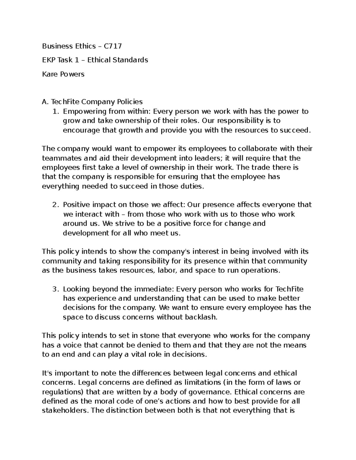 Business Ethics C717 EKP Task 1: Ethical Standards at TechFite - Studocu