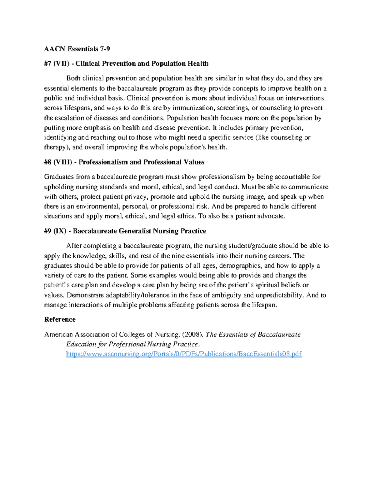 AACN Essentials VII & IX: Clinical Prevention & Baccalaureate Nursing ...