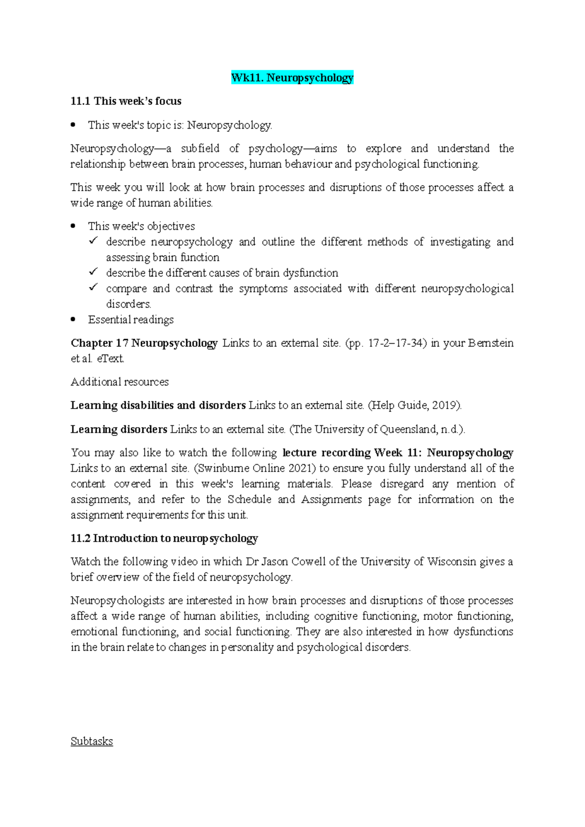 Wk11 - Neuropsychology: Understanding Brain Function & Disorders - Studocu