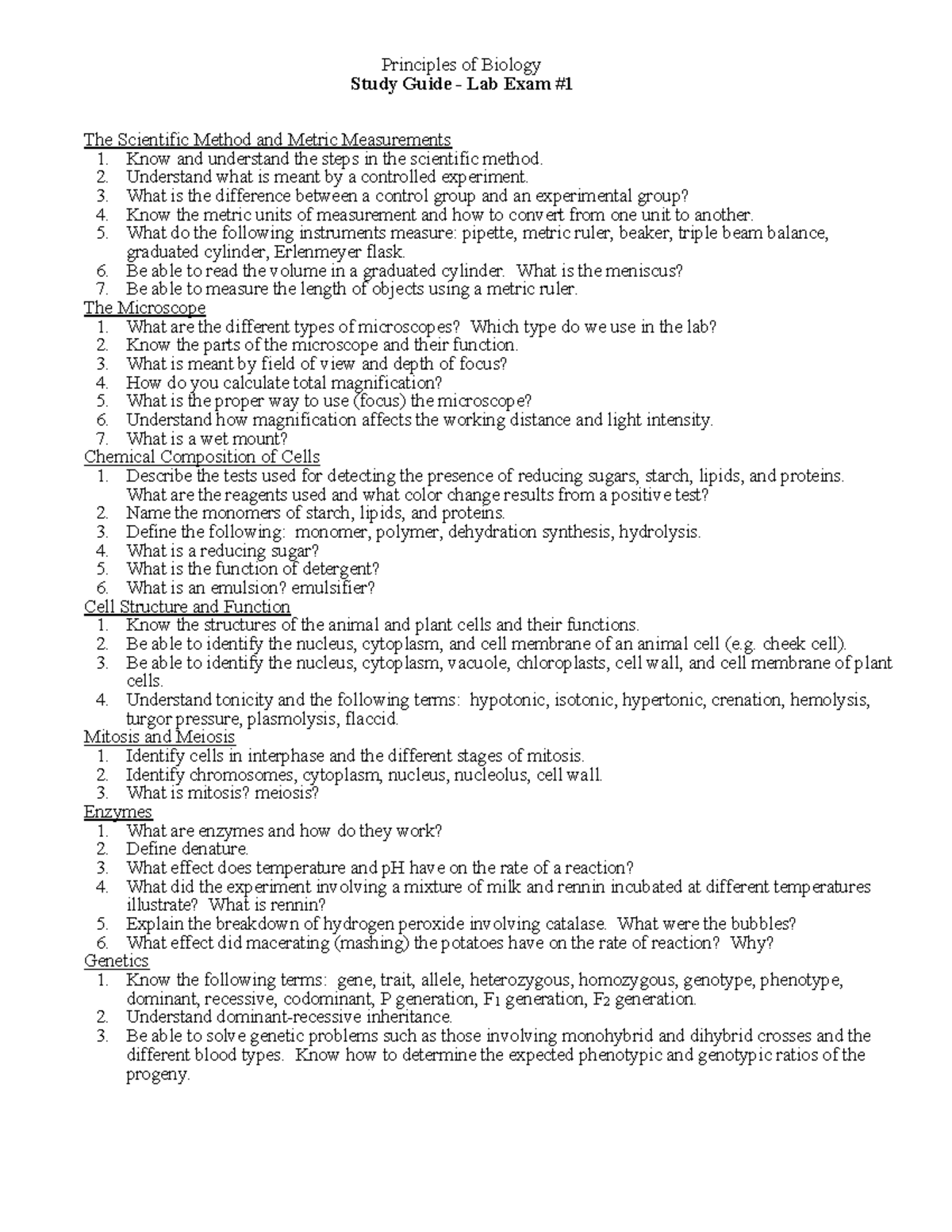 Principles of Biology Lab Exam #1 Study Guide: Scientific Method & More ...