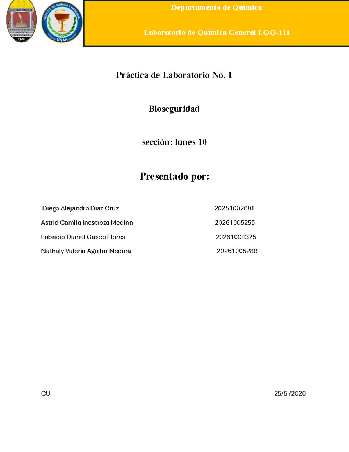 Práctica de Laboratorio No. 1: Bioseguridad en Química General ...