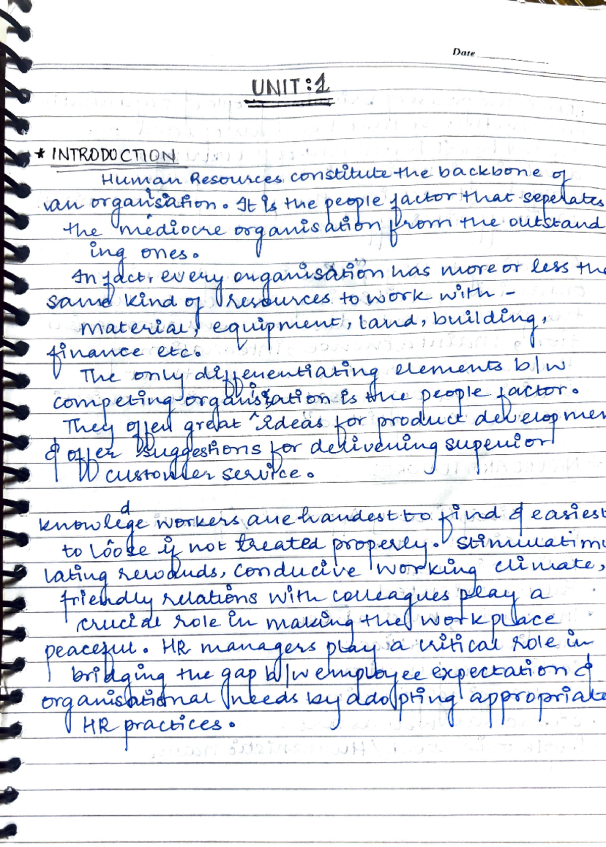 HRM 1 - hrm notes - Date UNIT : 1 INTRODUCTION Human Resources ...