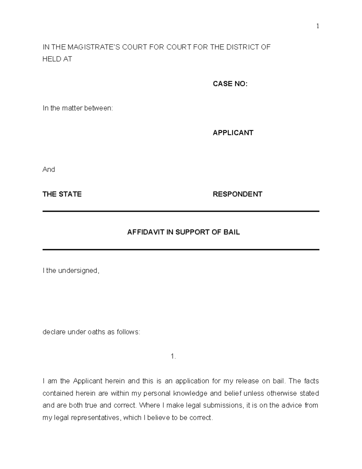 Bail Affidavit Submission - Schedule 5 for Case No: [Insert Case No ...