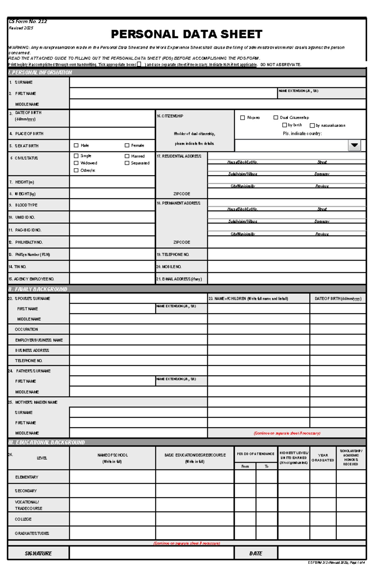 CS Form No. 212 - Personal Data Sheet (Revised 2025) Guide - Studocu