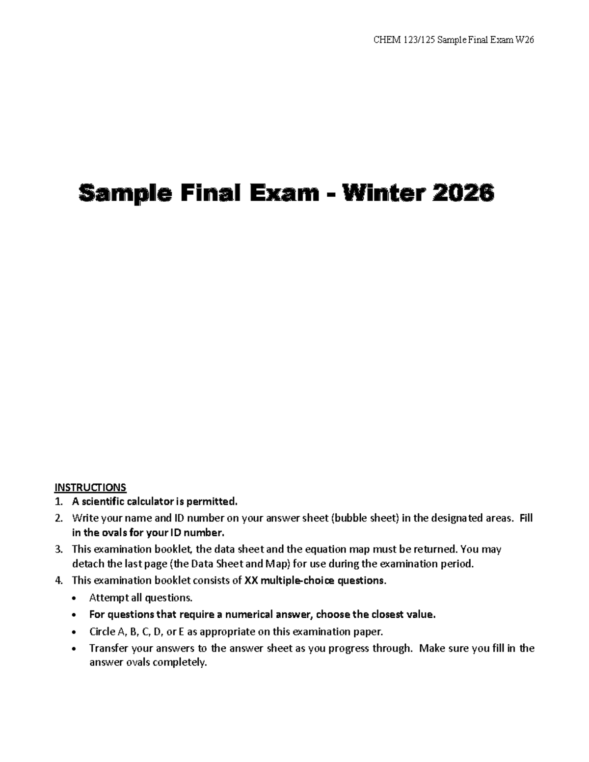 CHEM C125 W26 Sample Final Exam Guide - Studocu