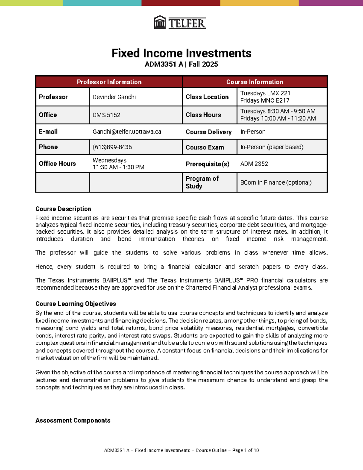 ADM3351 - Fixed Income Investments Syllabus Fall 2025 - Studocu