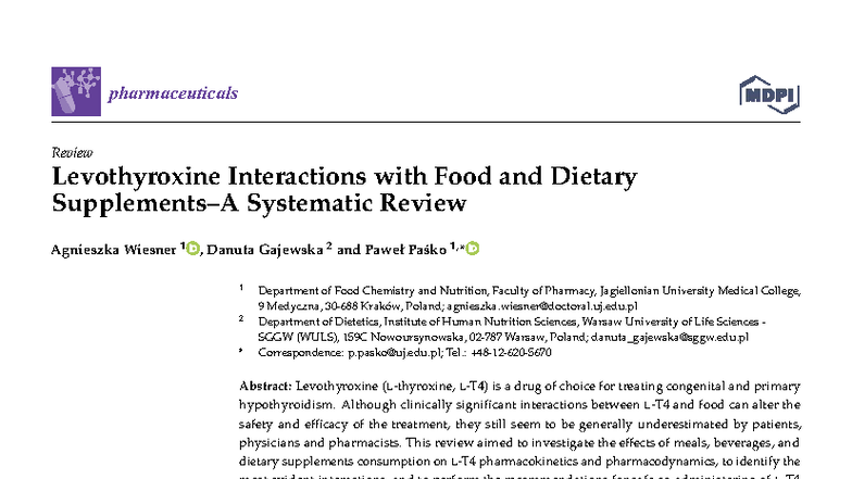 Pharmaceuticals 14: Systematic Review of Levothyroxine Food ...