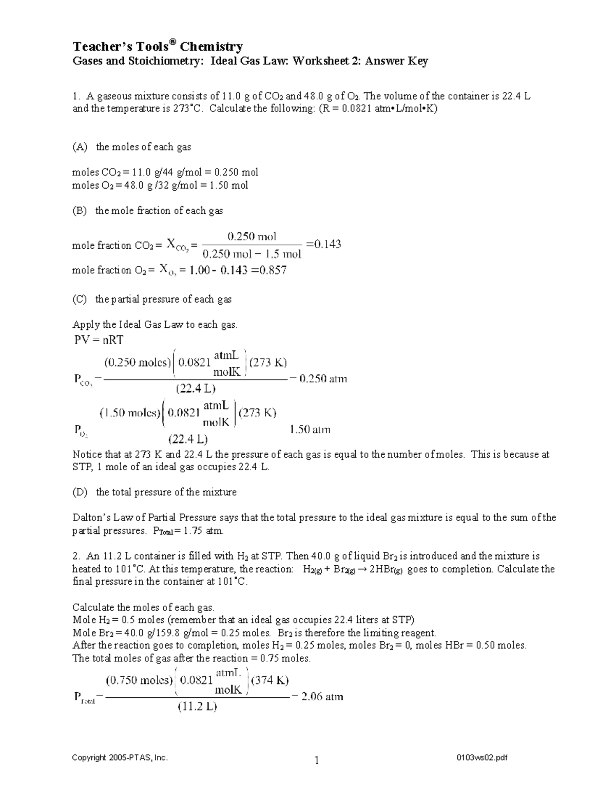 Worksheet TT - Gases & Stoichiometry: Ideal Gas Law - Answer Key $23 2 ...