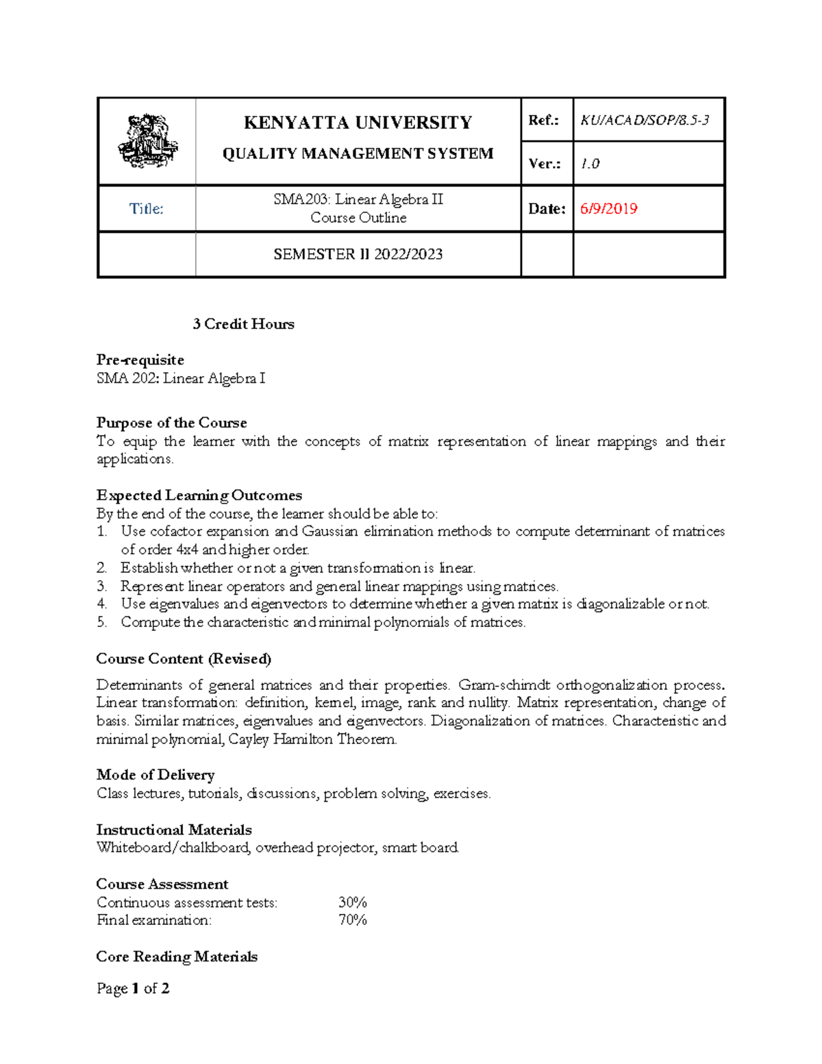 SMA203: Linear Algebra II Course Outline and Learning Outcomes - Studocu
