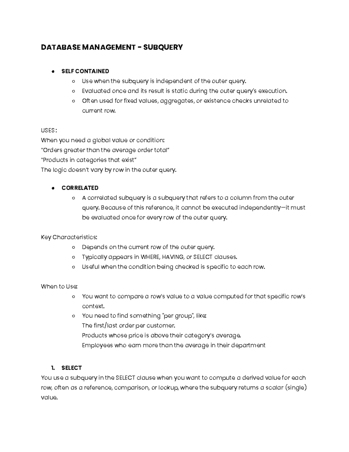 DATABASE MANAGEMENT: Subqueries & Ranking Techniques (DBM 101) - Studocu