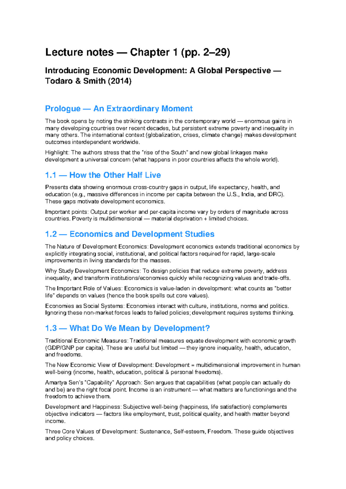 Lecture Notes: Chapter 1 - Introduction to Economic Development (Todaro ...