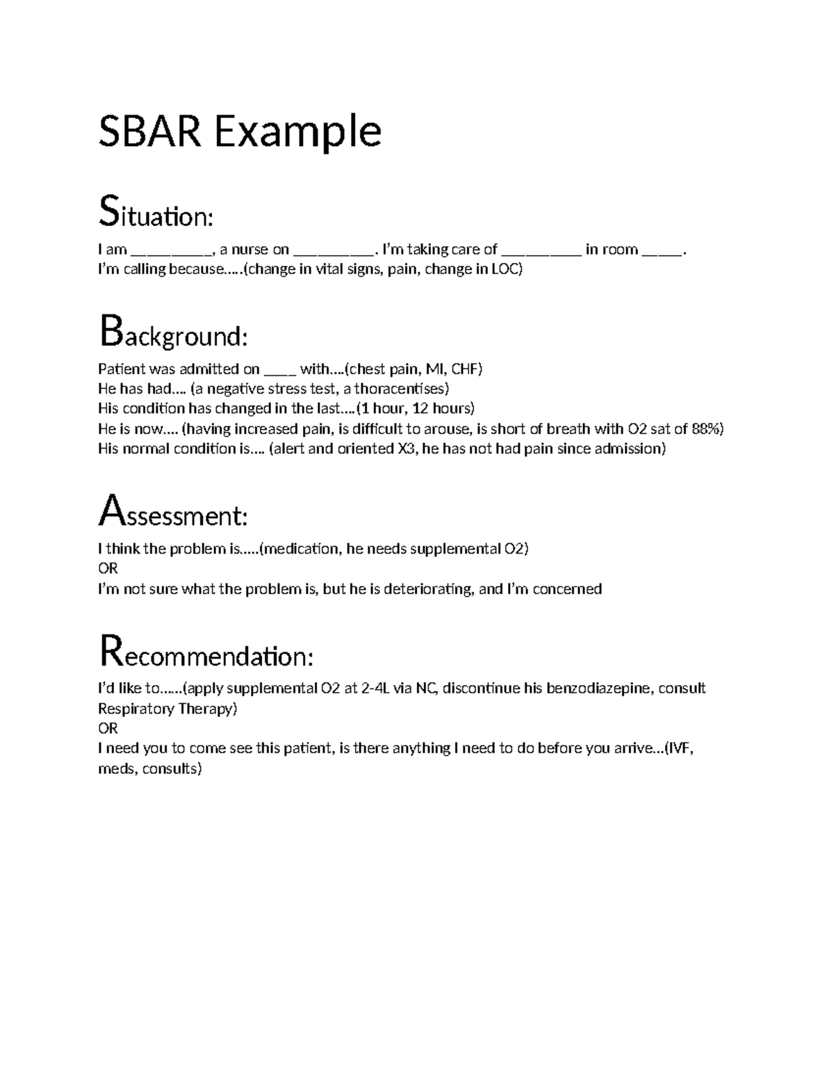 SBAR Example: Patient Assessment & Recommendations for Care - Studocu