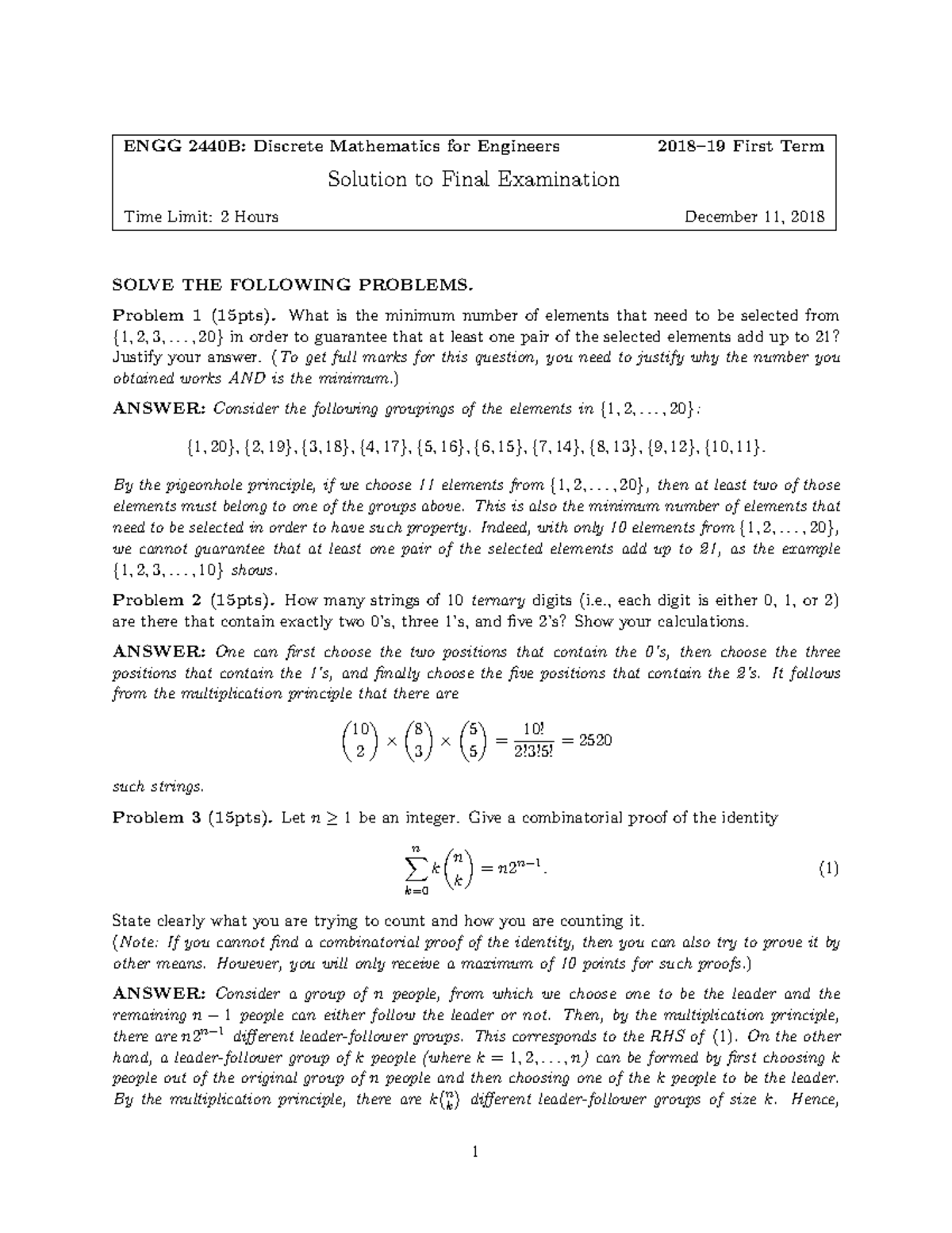Engg2440 fall2018 final exam solutions - ENGG 2440B: Discrete ...