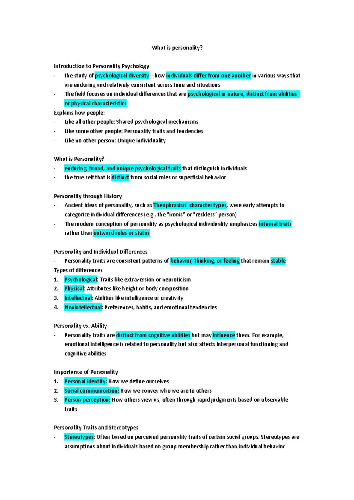 Personality Psychology (PSY 101): Comprehensive Study Notes - Studocu