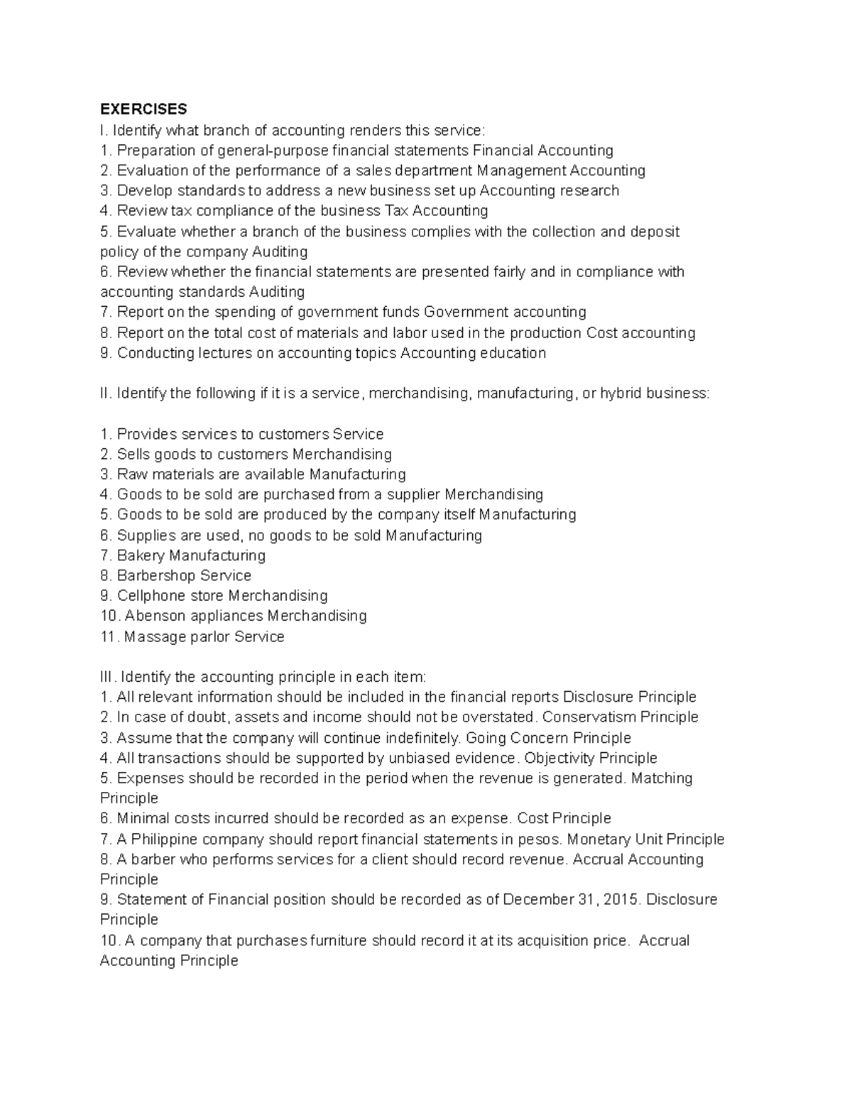 Exercises & Activity on Accounting Principles and Business Types - Studocu