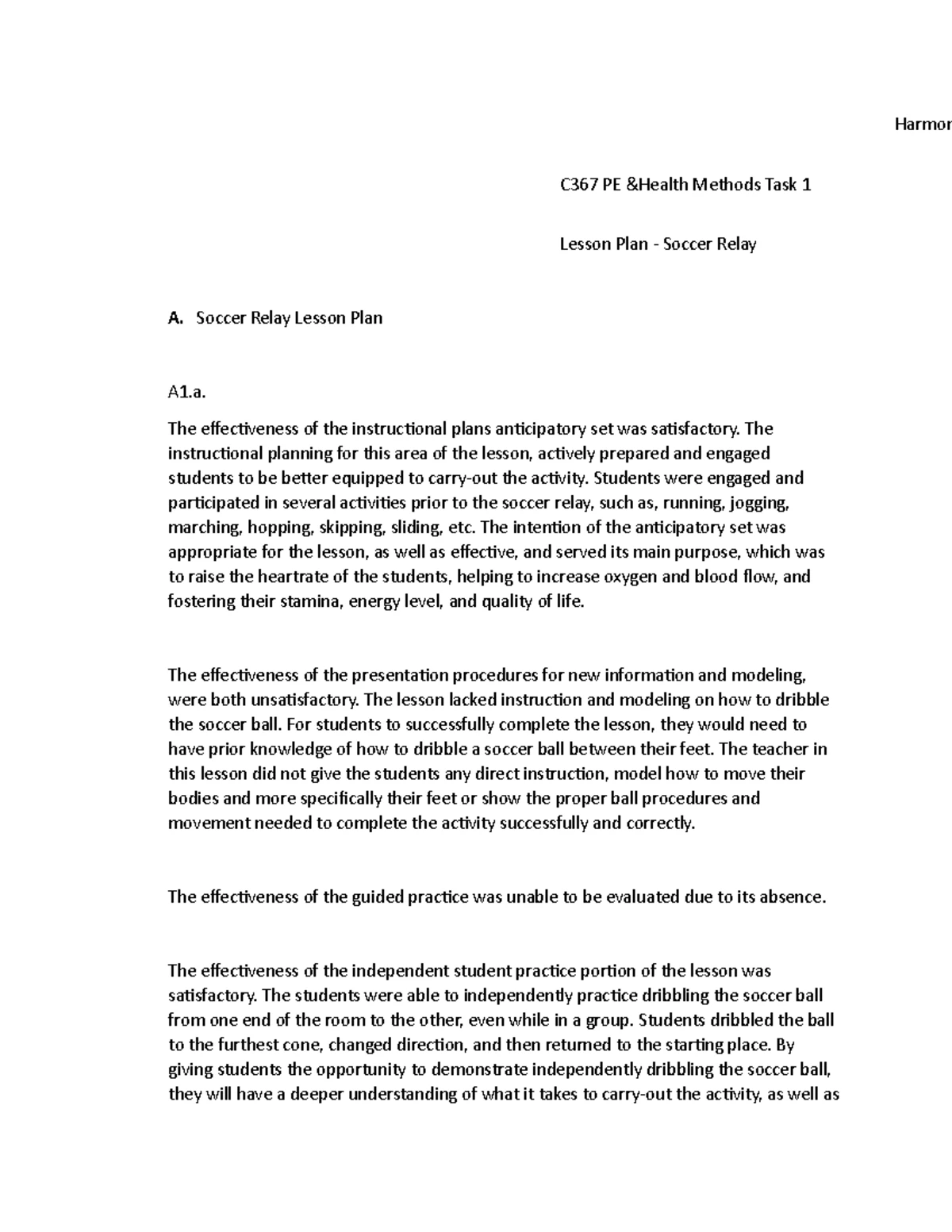 PE Plan Eval - Skills Lesson 1a Evaluation and Critique - Studocu