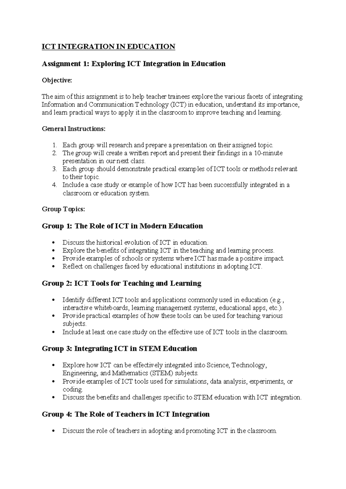 ICT INTEGRATION IN EDUCATION Assignment 1: Exploring ICT in Teaching ...