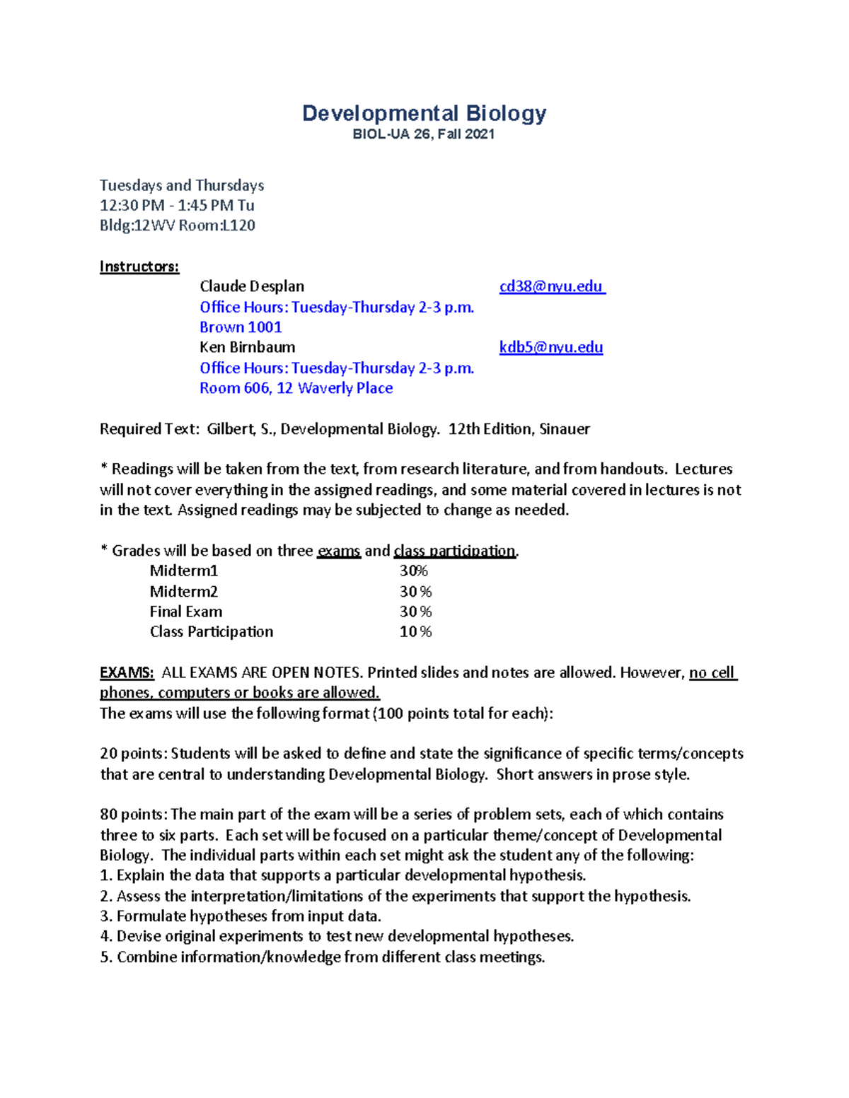 Dev. Biology 26 Syllabus - Fall 2021 Overview and Exam Details - Studocu
