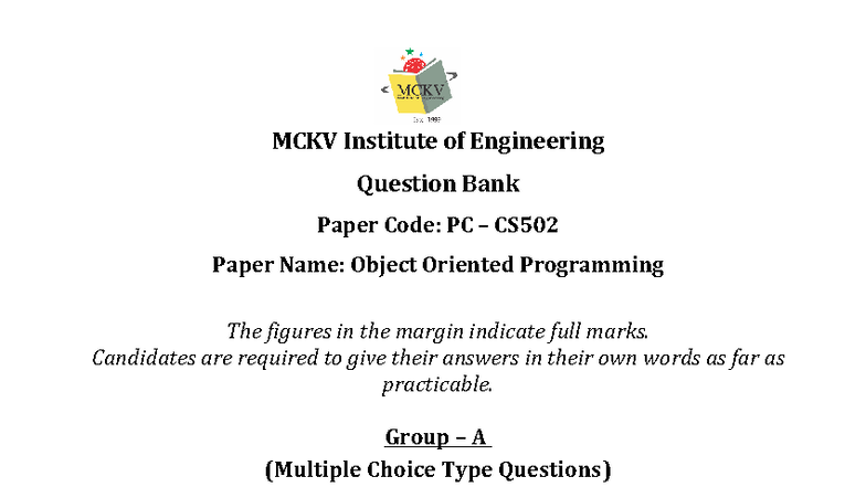 OOPS MCQ Question Bank - PC CS502 Object Oriented Programming - Studocu