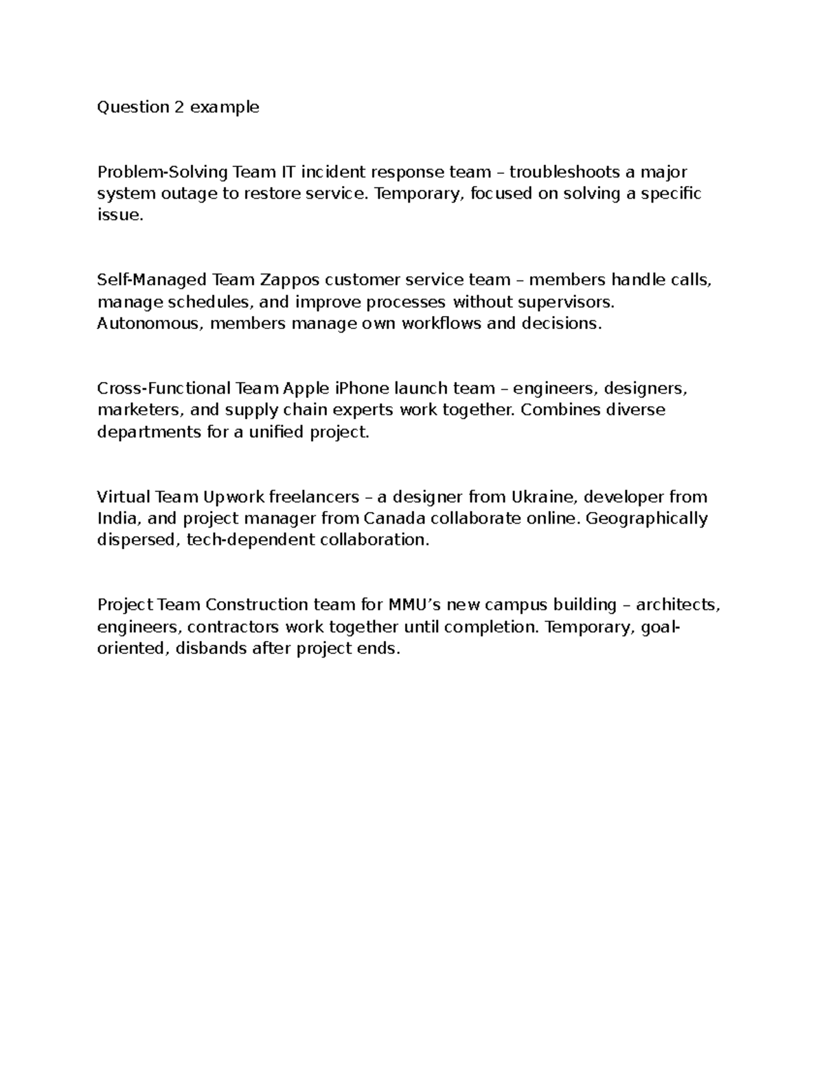 Question 2 Example - Team Dynamics in IT & Project Management - Studocu