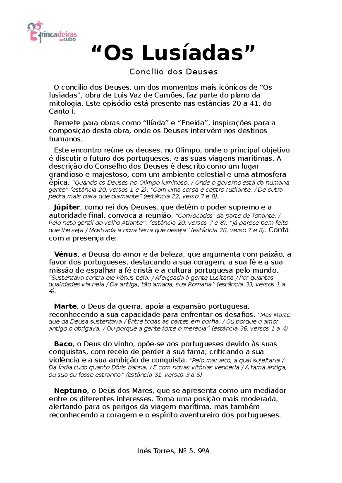 Os Lusíadas - Análise do Concilio dos Deuses - Studocu