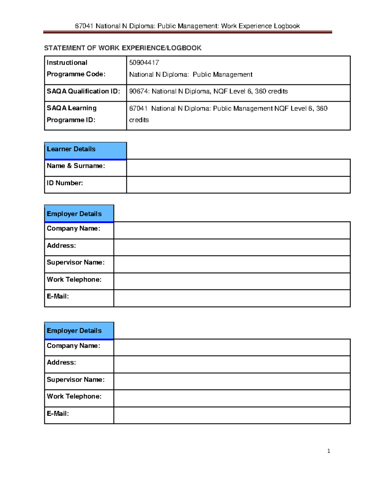 67041 National N Diploma: Public Management Work Experience Logbook ...