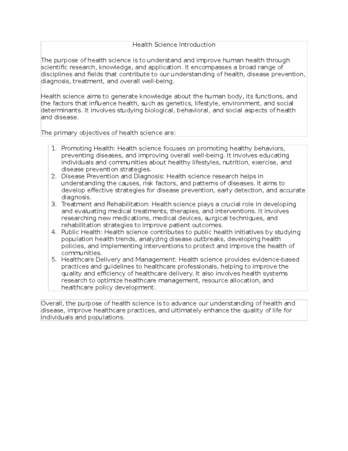 HS Intro to Health Science - Overview and Objectives - Studocu