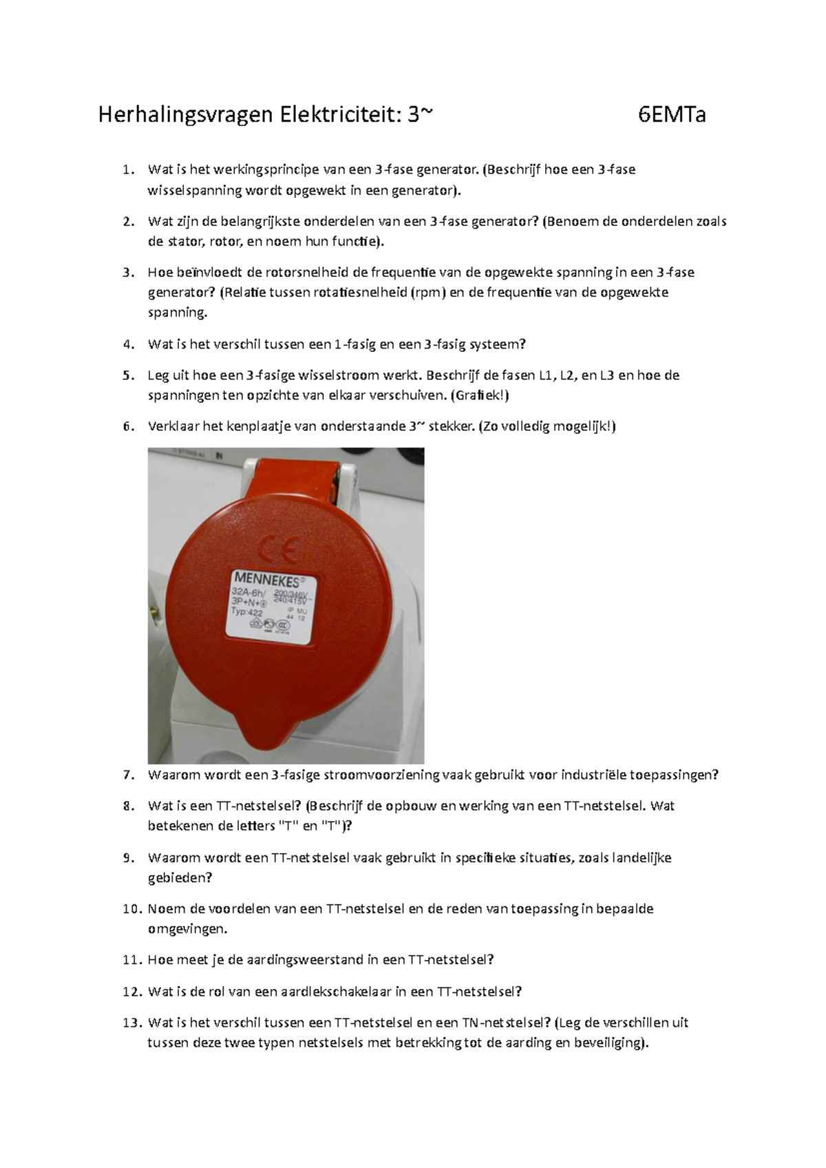 Herhalingsvragen Elektriciteit: 3-fase Gen en TT-netstelsels 6EMTa ...