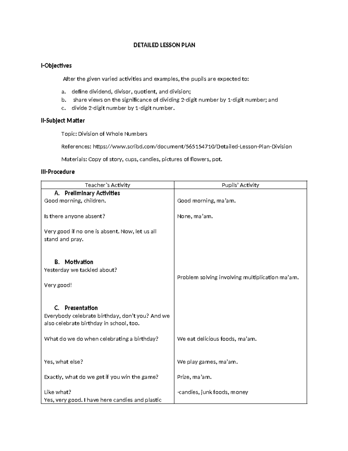 Detailed Lesson Plan on Division for Course 110143 - Studocu