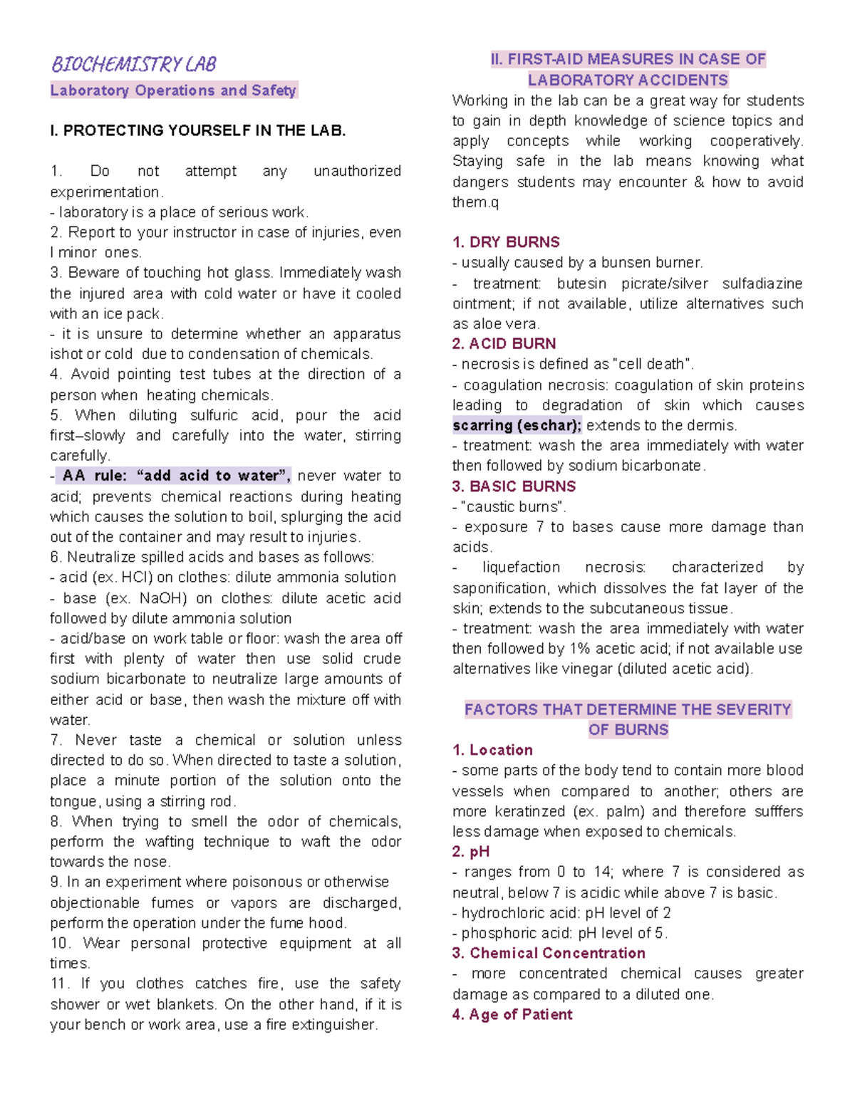 BIOCHEMISTRY LAB: Safety Guidelines and Accident Procedures - Studocu