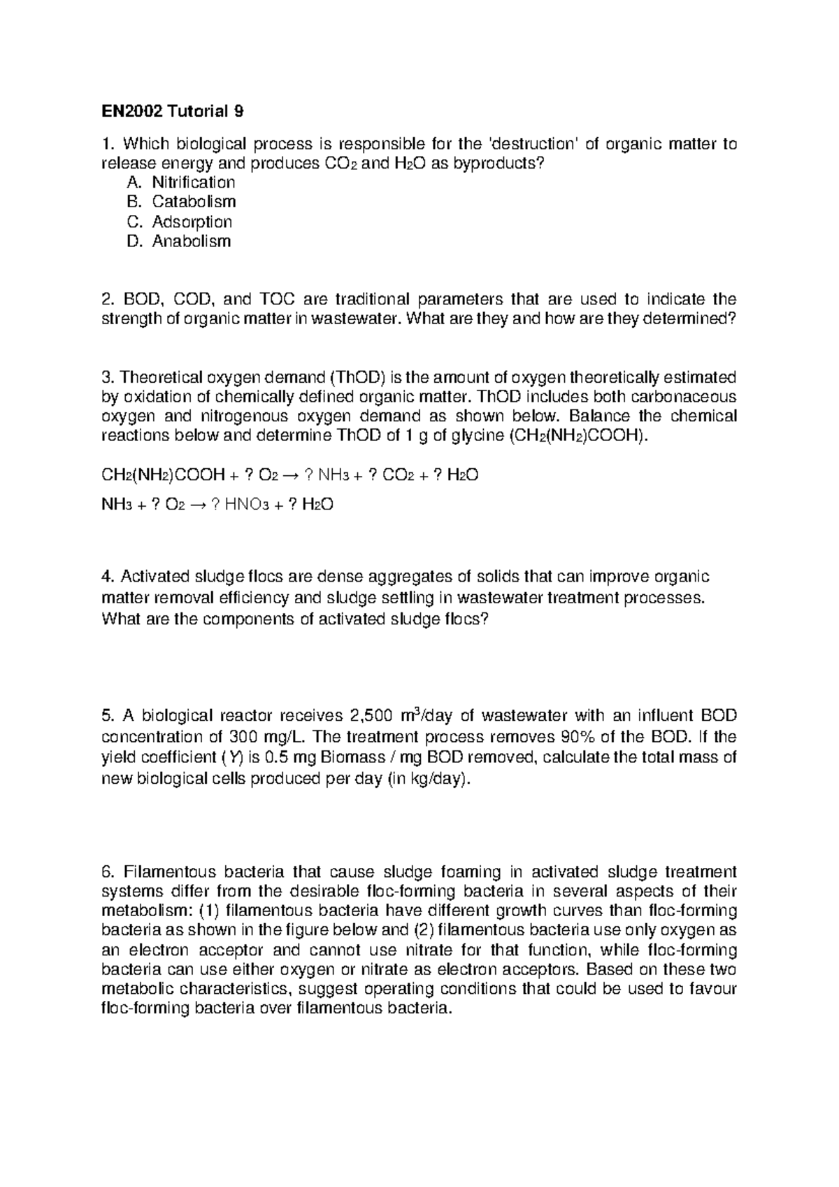 EN2002 Tutorial 9: Wastewater Treatment Concepts - Studocu