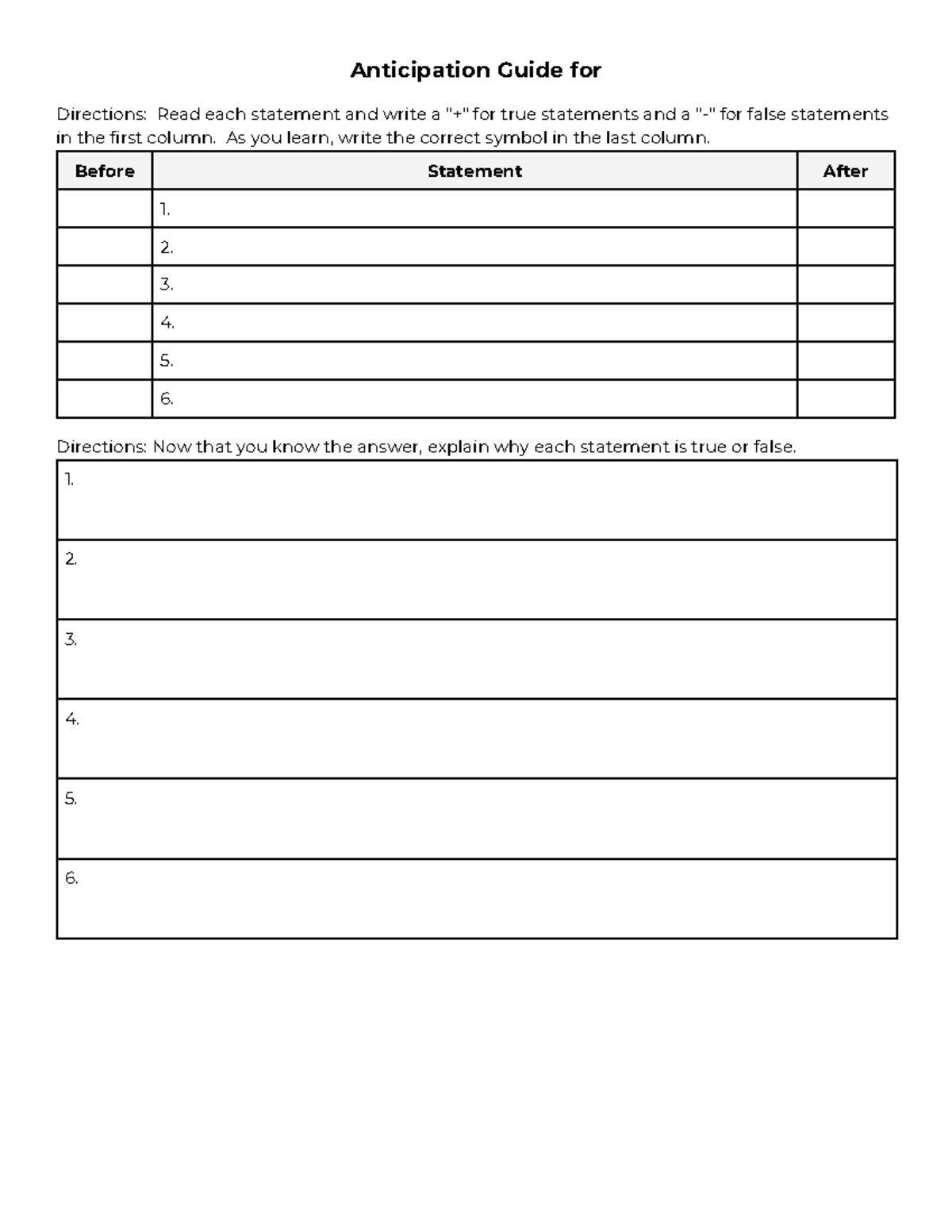 Anticipation Guide Template - EDU 202 - Anticipation Guide for ...