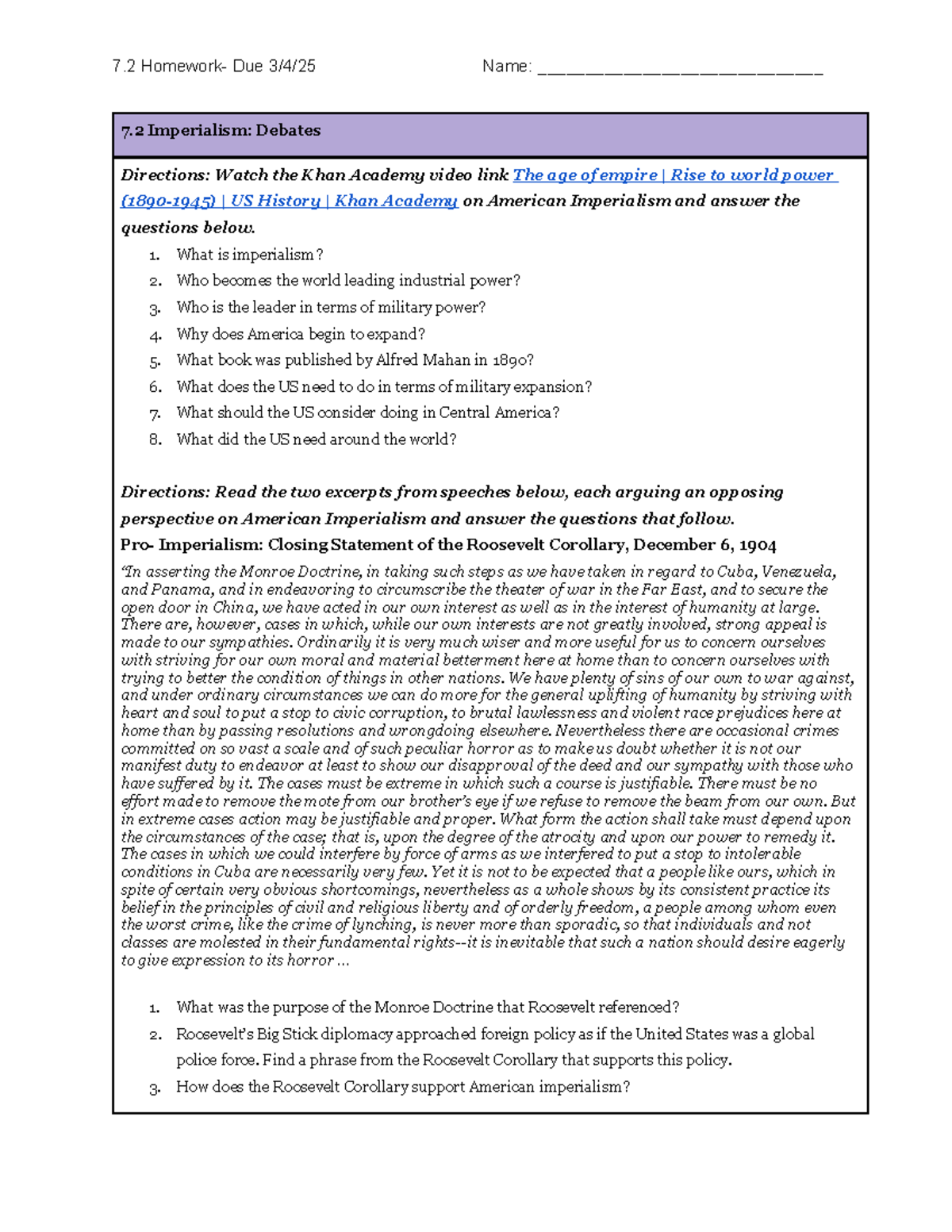 7.2 HW Apush - worksheet - 7 Homework- Due 3/4/25 Name ...