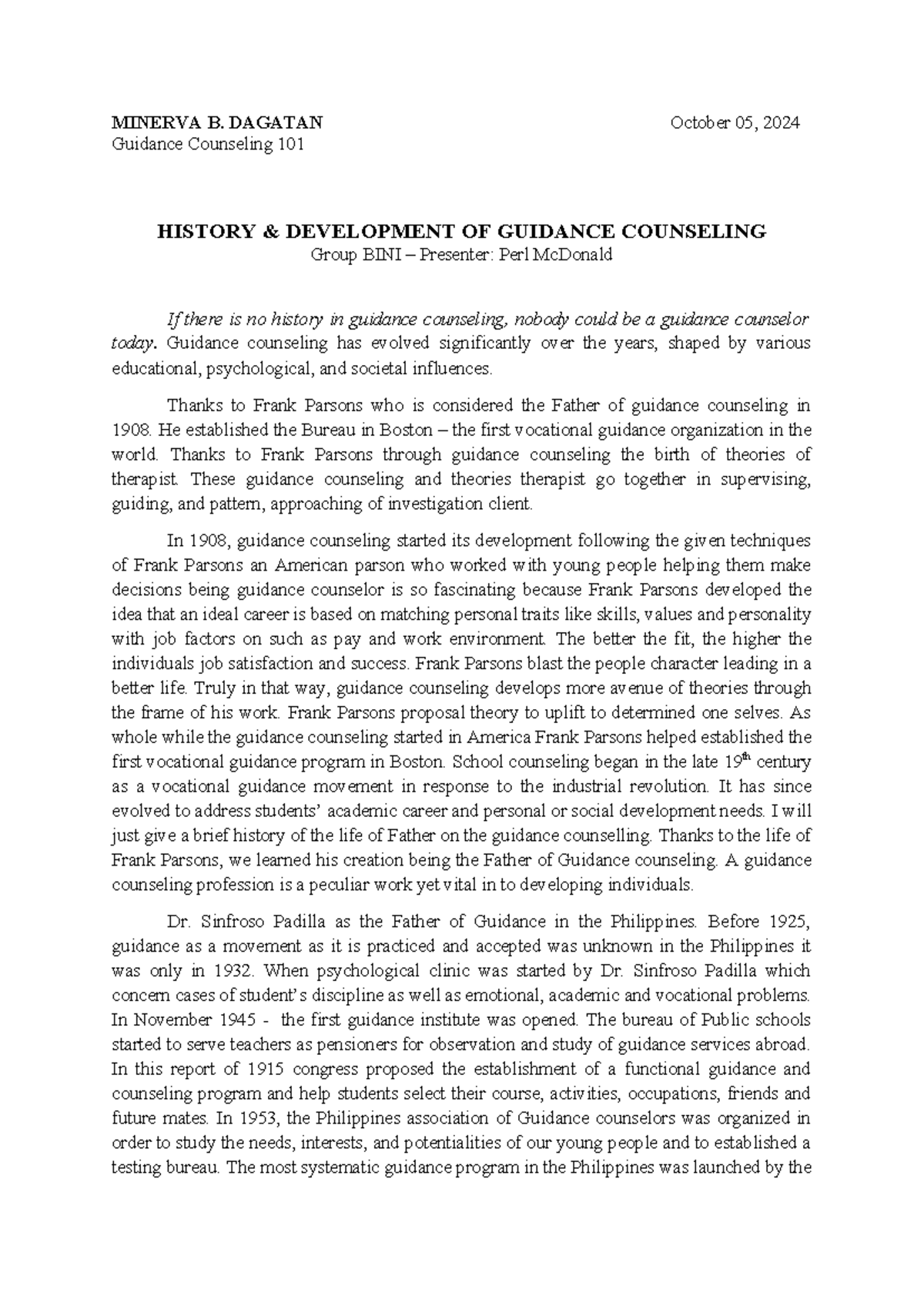 Guidance Counseling 101: Reflection on History & Development - Studocu