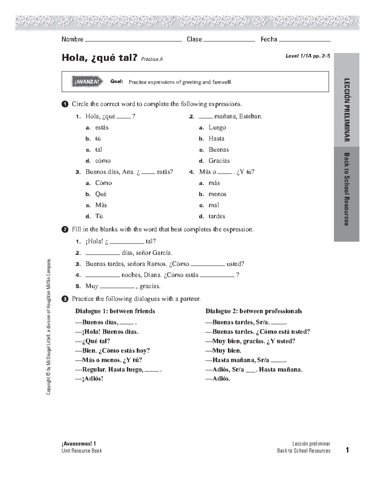 ¡Avancemos! 1 - Preliminar Unit Resource Book Activities - Studocu