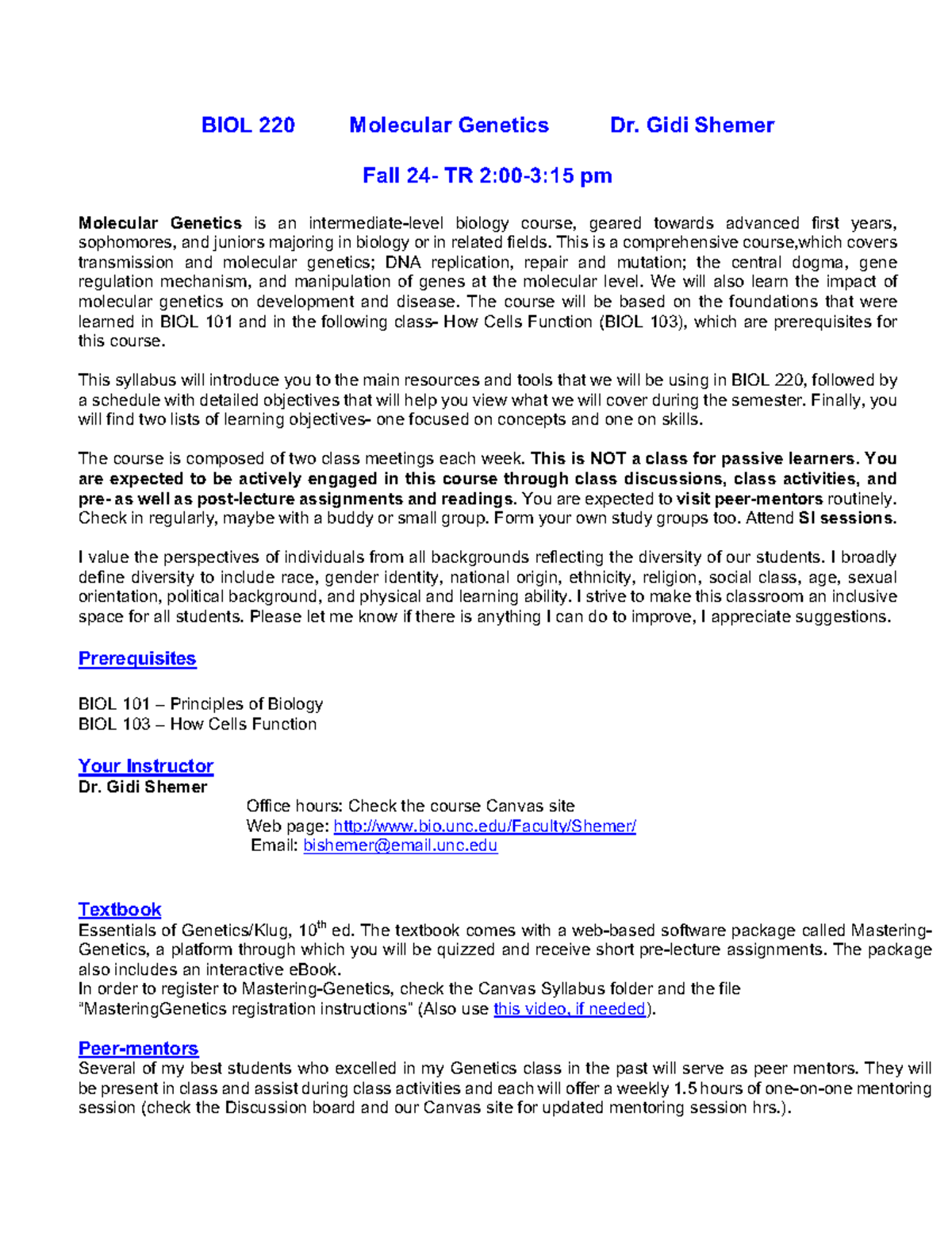 BIOL 220 Syllabus: Molecular Genetics - Fall 2024 Overview - Studocu