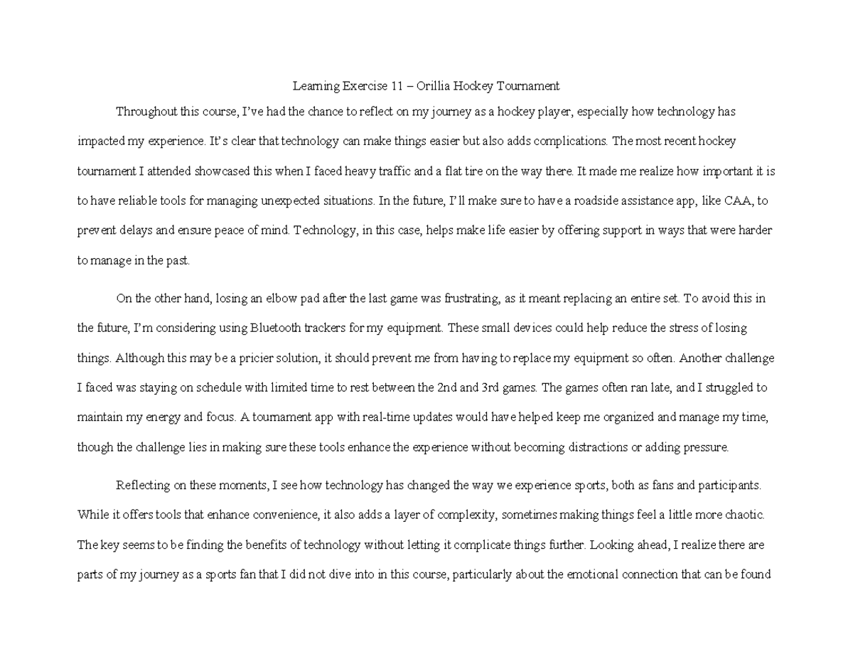 Learning Exercise 11: Reflections on Tech in Hockey - SOC 1500 - Studocu
