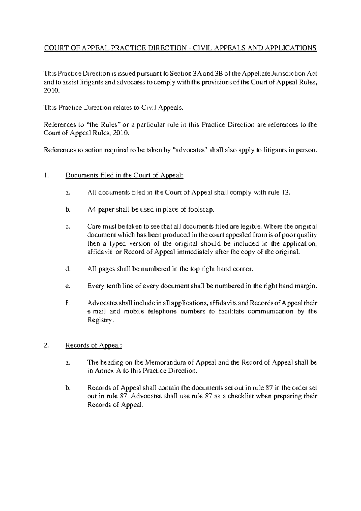 Court of Appeal Practice Directions - Civil Appeals - Final - Studocu