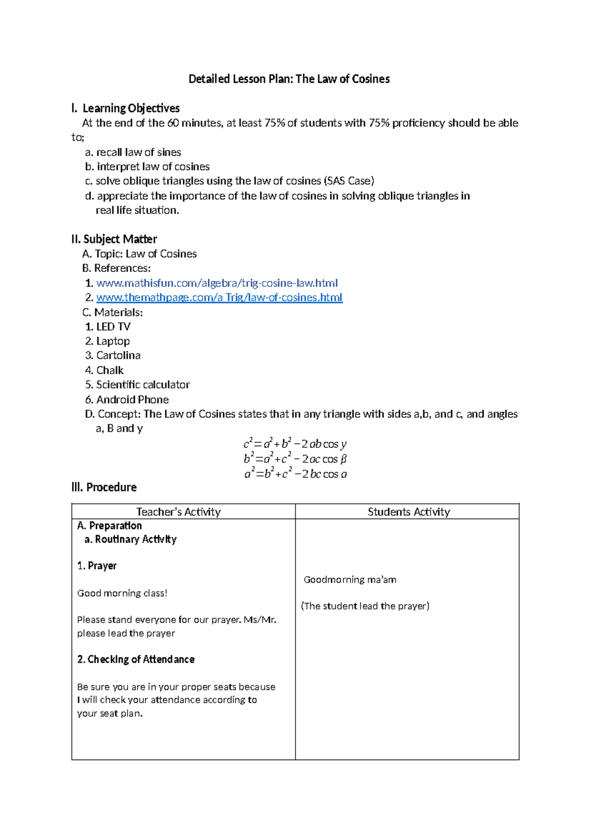 DLP: Detailed Lesson Plan on The Law of Cosines - Studocu