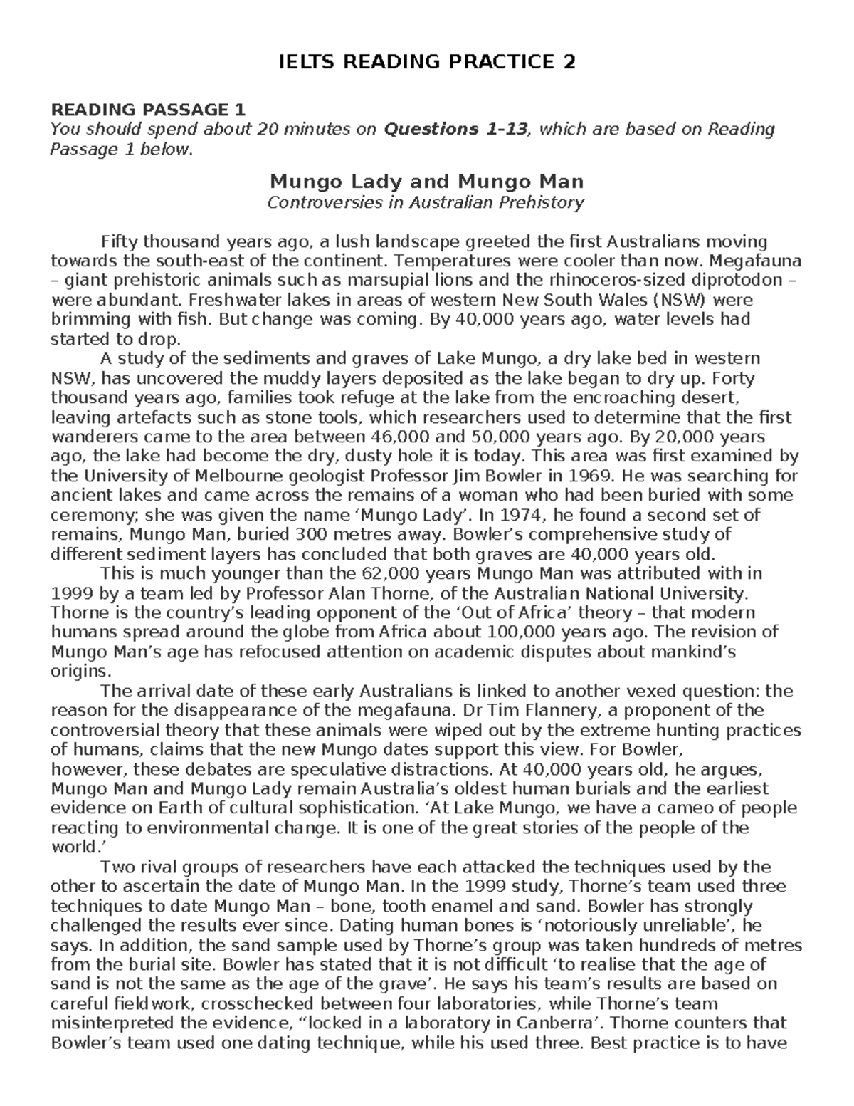 IELTS Reading Practice 2: Mungo Lady and Mungo Man Controversies - Studocu