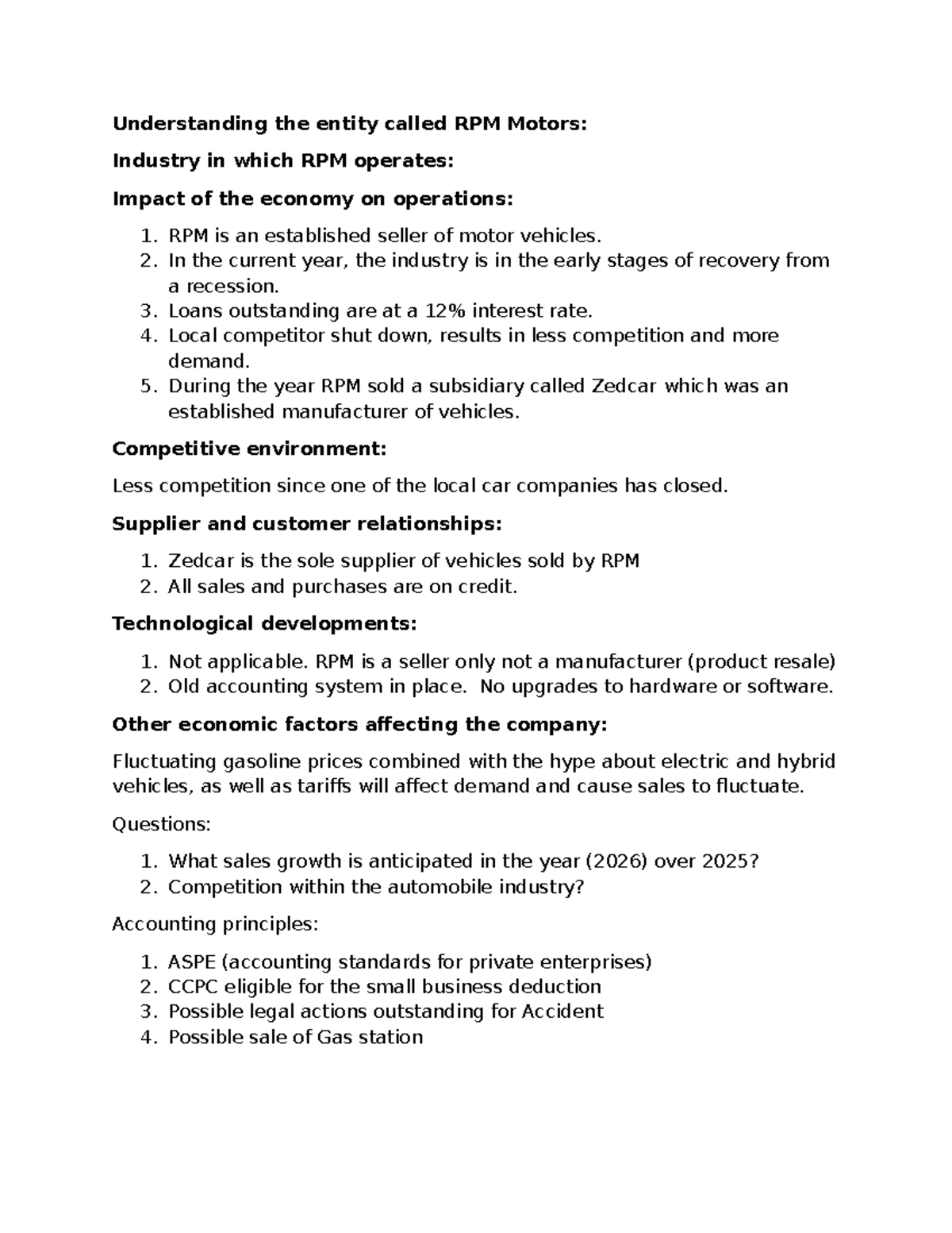 Planning Memo for RPM Motors Audit Case: Economic Impact & Operations ...