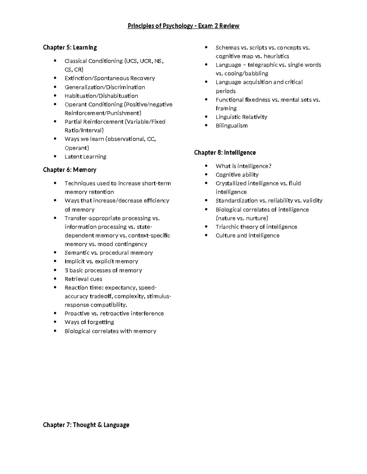 Principles of Psychology - Exam 2 Review (PSY 101) - Studocu