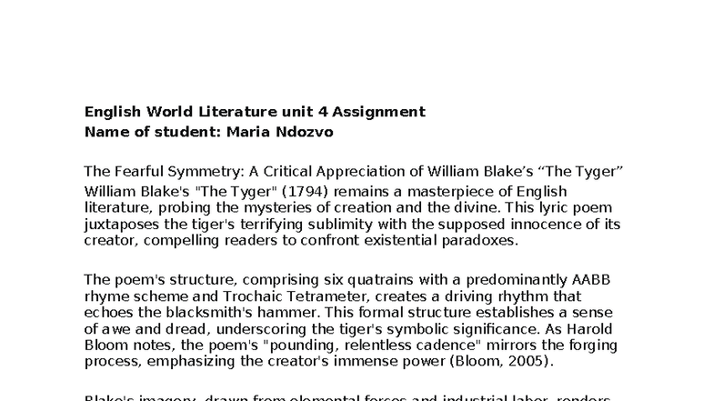 English World Literature Unit 4: Critical Analysis of "The Tyger" - Studocu