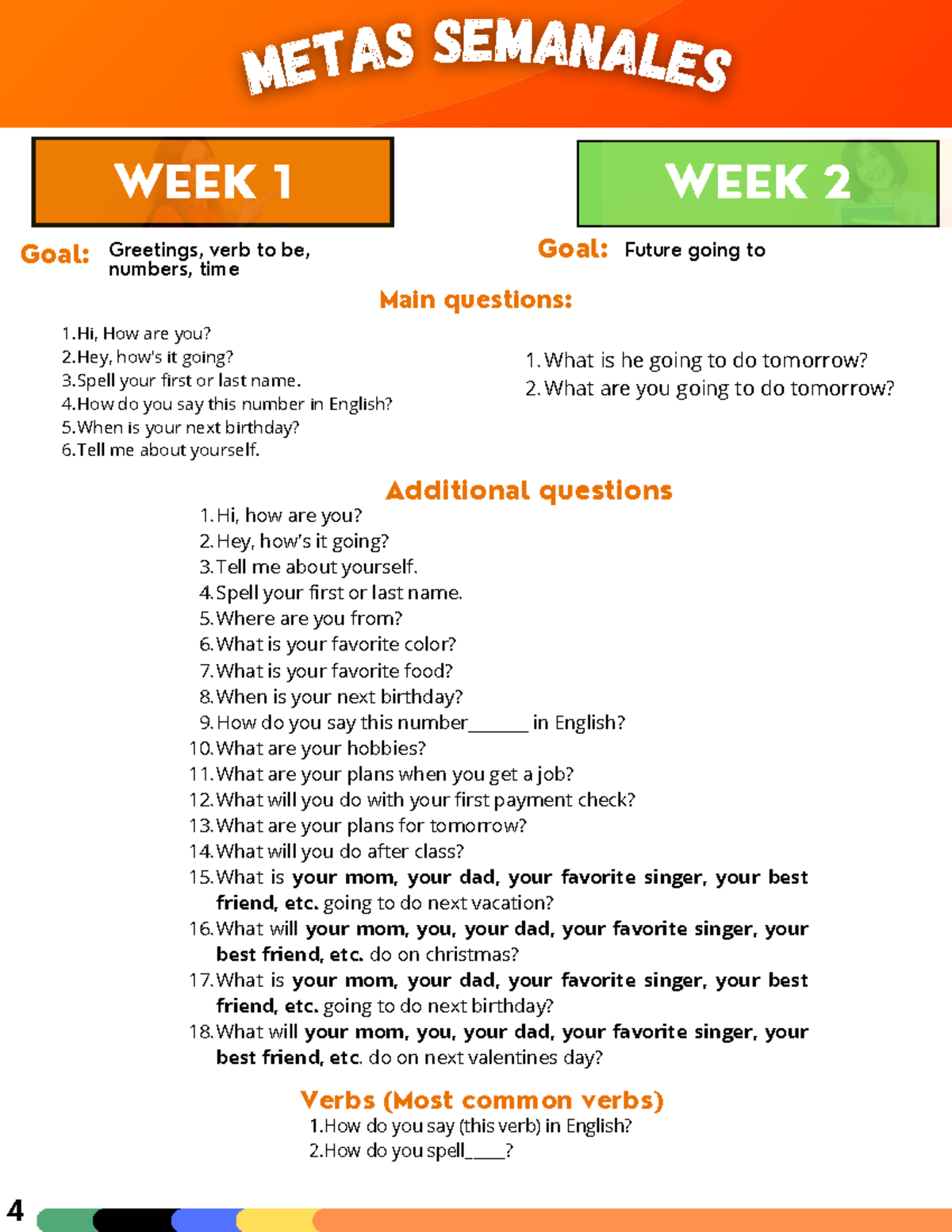 Curso de Basic 1 - M et as semana le s WEEK 1 Goal: Greetings, verb to ...